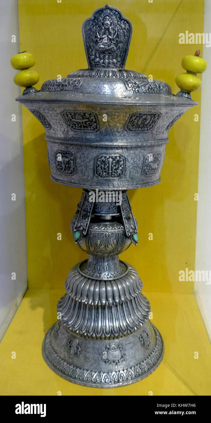 Ceremonial butter lamp made from metal and stone. Dated 20th Century ...