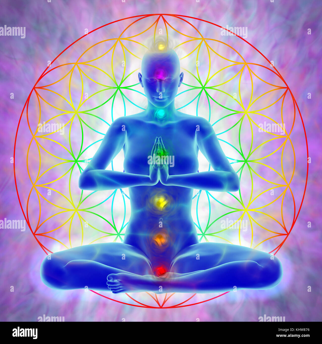 Woman in meditation, symbol flower of life Stock Photo - Alamy
