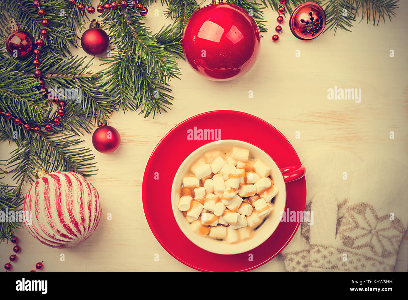 Christmas hot drink in red cup. Cocoa with marshmallow, chocolate ...