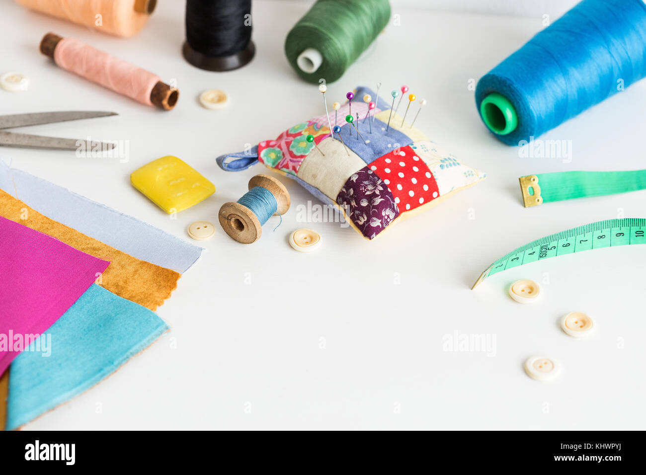 sewing tools close-up , patchwork, tailoring and fashion concept ...