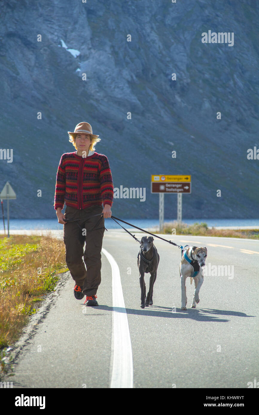 Folksy woman with cowboy hat hiking with two whippet dogs down a slalom ...