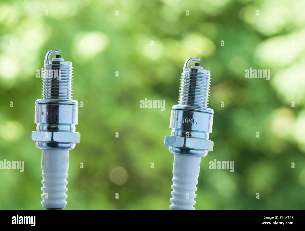 Auto service. Two new car spark plugs as spare part of auto ...