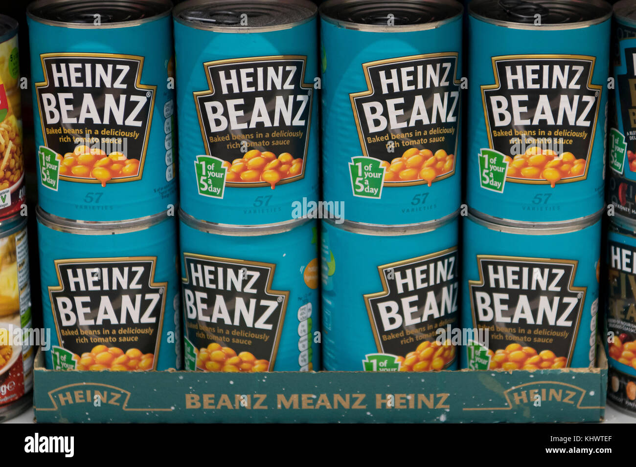 Cans of baked beans on sale in a supermarket in the UK Stock Photo - Alamy