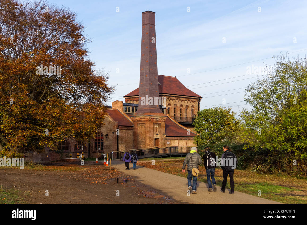 Visitors passing by Marine Engine House at Walthamstow Wetlands, London ...