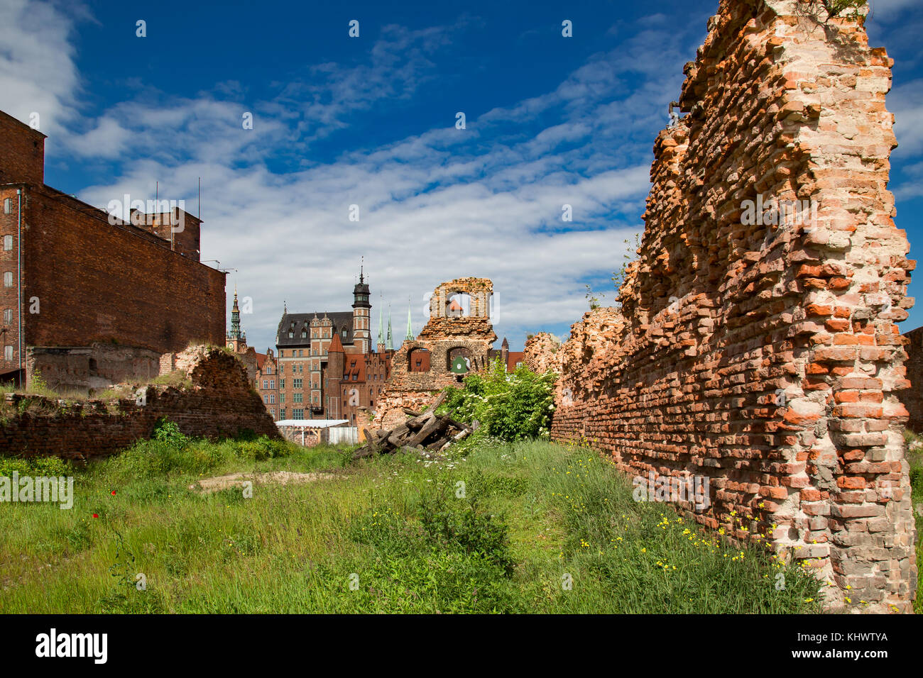 Last post war remains in the city Gdansk, Poland. View through ruins to ...