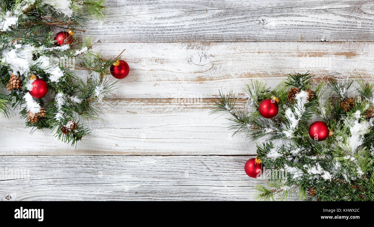 Christmas Rough Fir Tree and snow on Weathered White Wooden Background ...