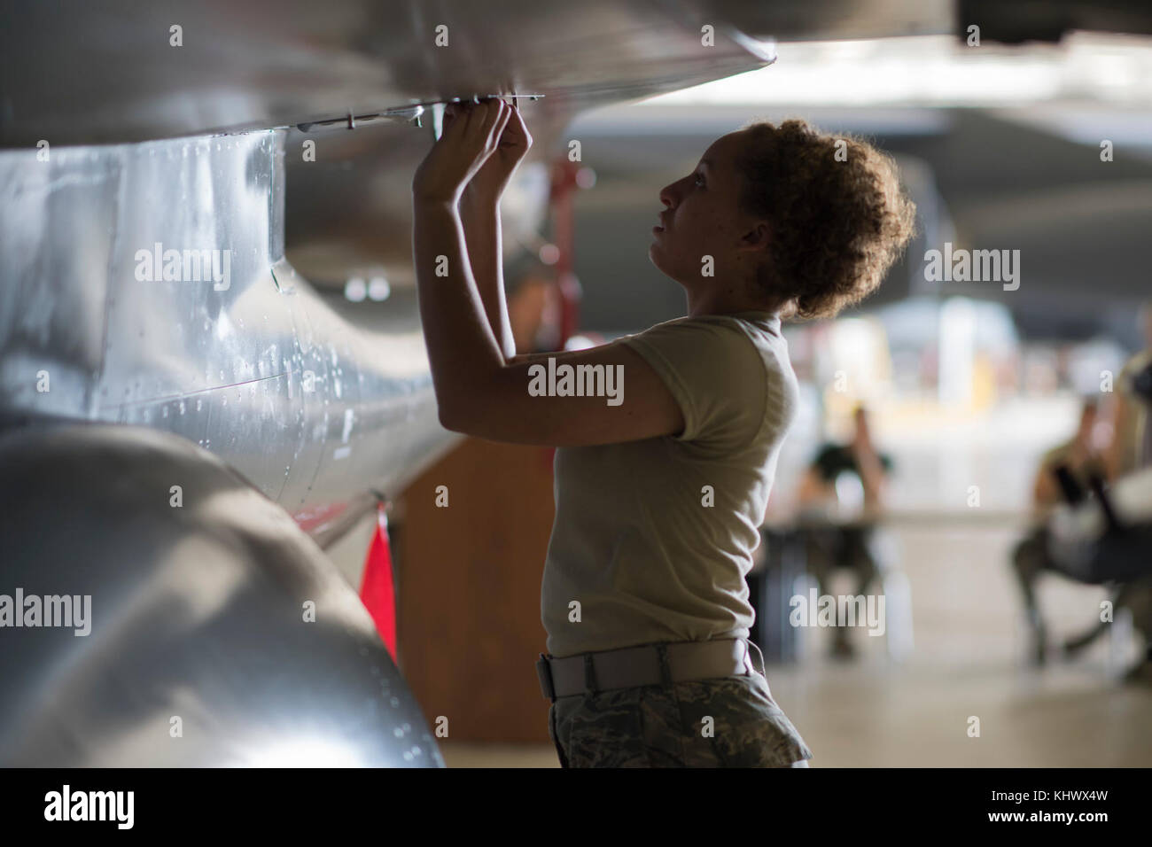 Airman Deilanni Parrilla-Reinate, a 363rd Training Squadron student, clears the gun on an F-16 ...