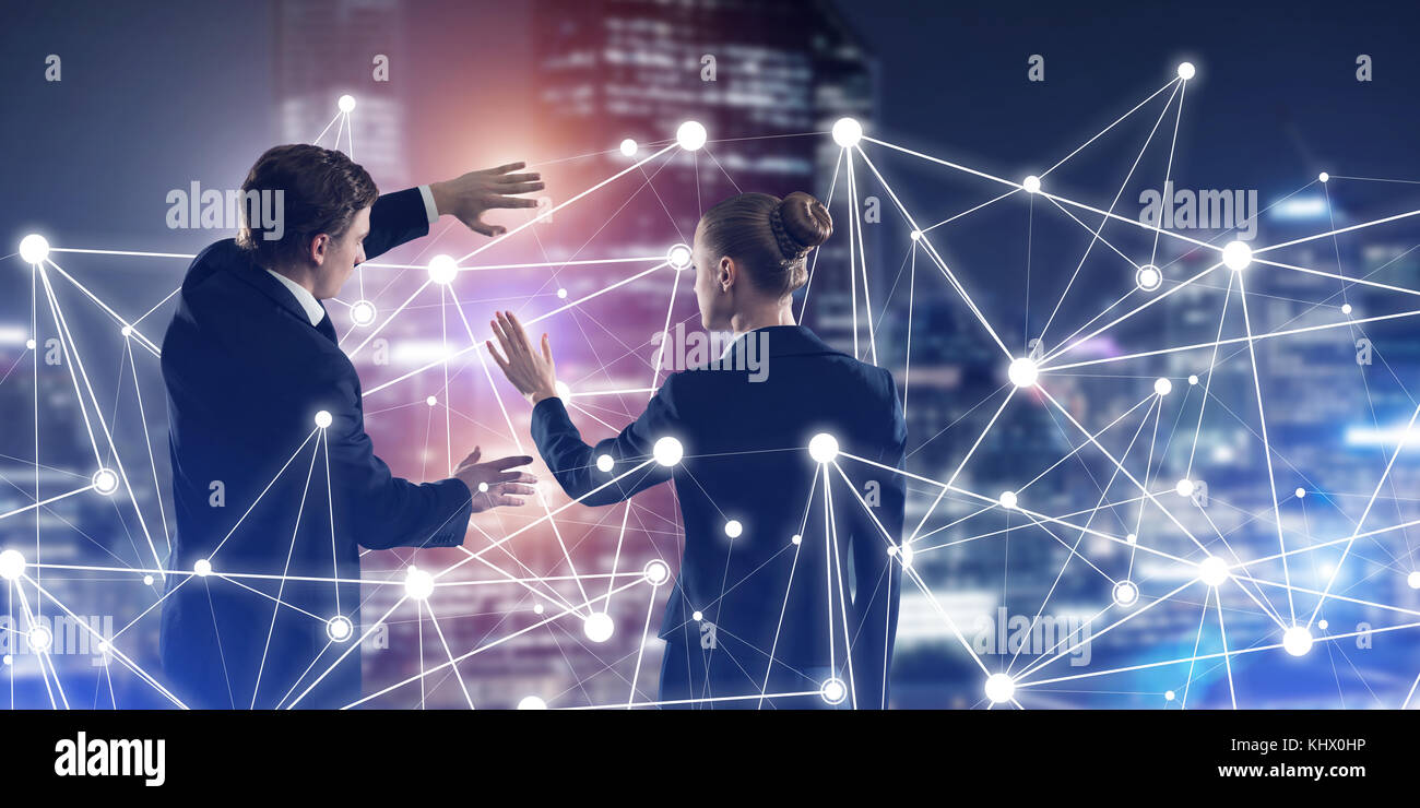 Concept of social connection and networking against night city view and ...