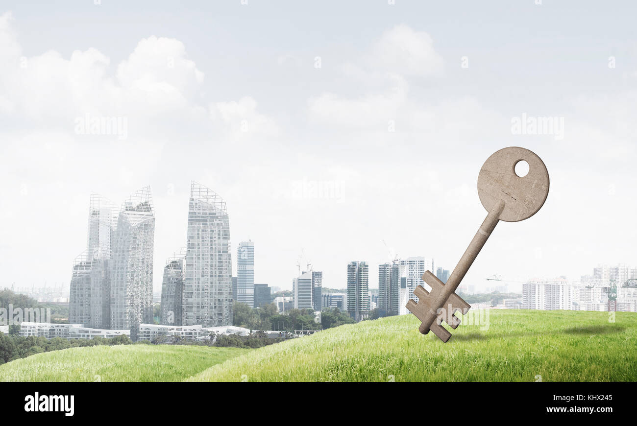 Conceptual background image of concrete key sign and natural landscape ...