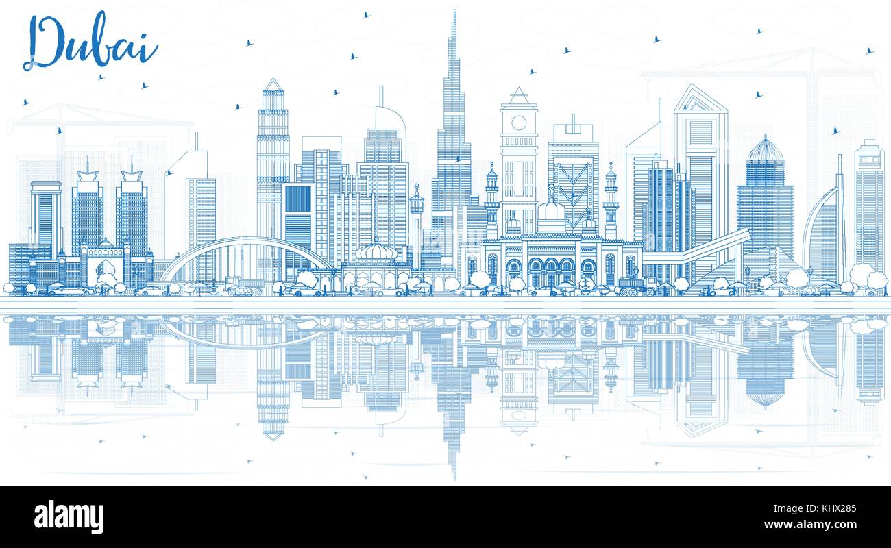 Outline Dubai UAE Skyline with Blue Buildings and Reflections. Vector ...