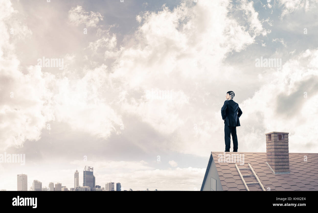 Mister boss on brick roof with arms akimbo. Mixed media Stock Photo - Alamy