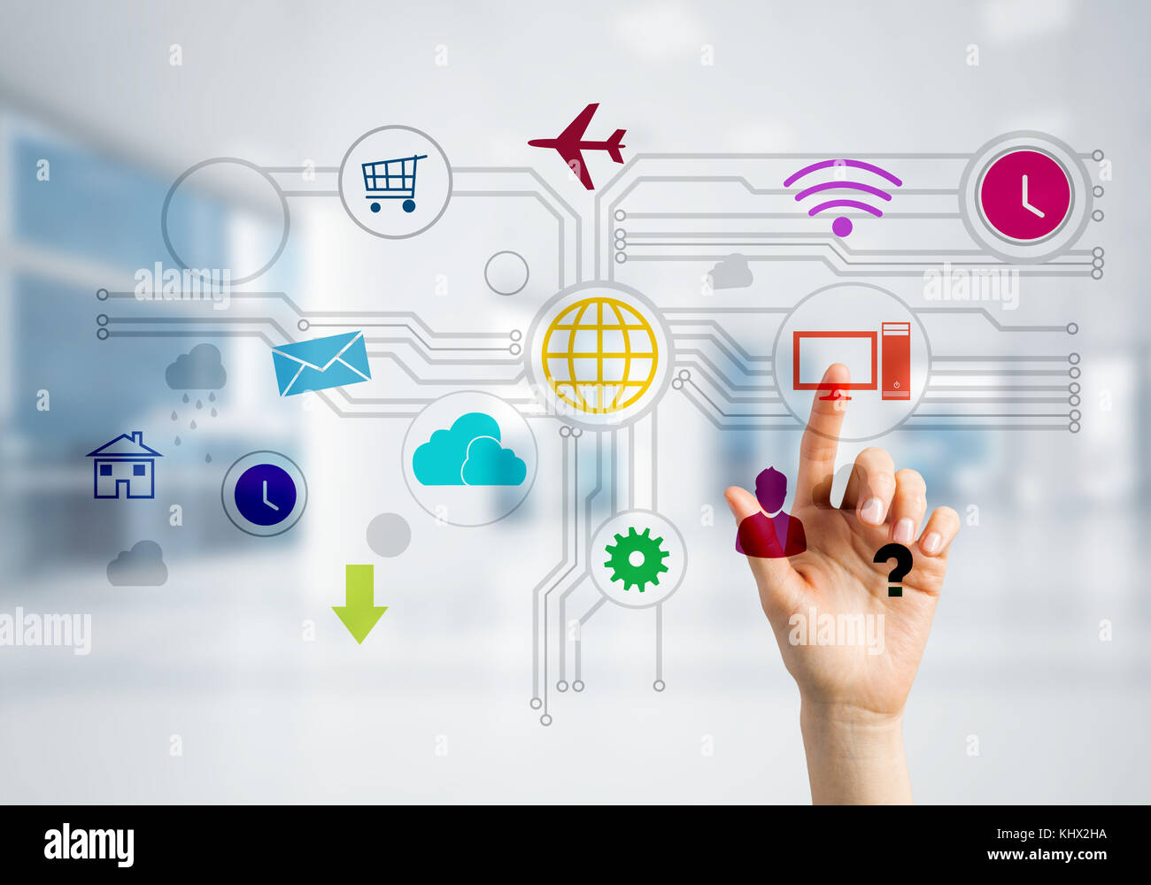 Modern office interior and close of businesswoman hand choosing icon on ...