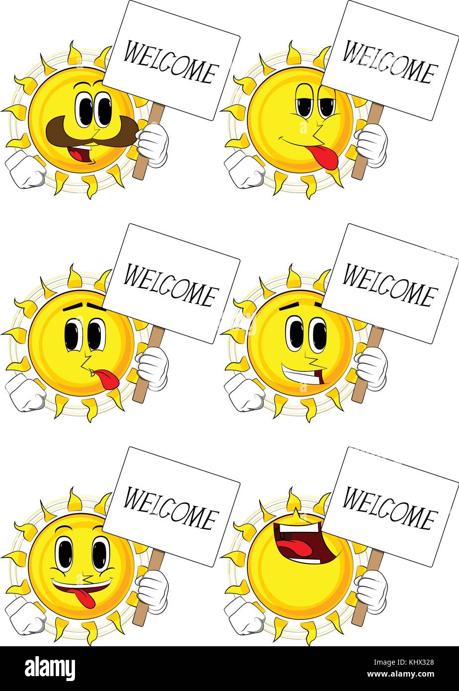 Cartoon sun holding a banner with welcome text. Collection with happy ...