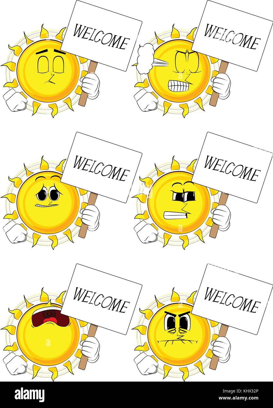 Cartoon sun holding a banner with welcome text. Collection with sad ...