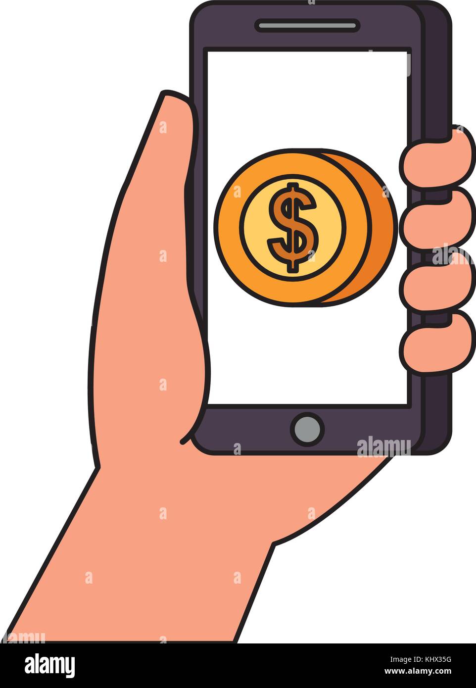 hand holding smartphone with app money currency pay online Stock Vector ...
