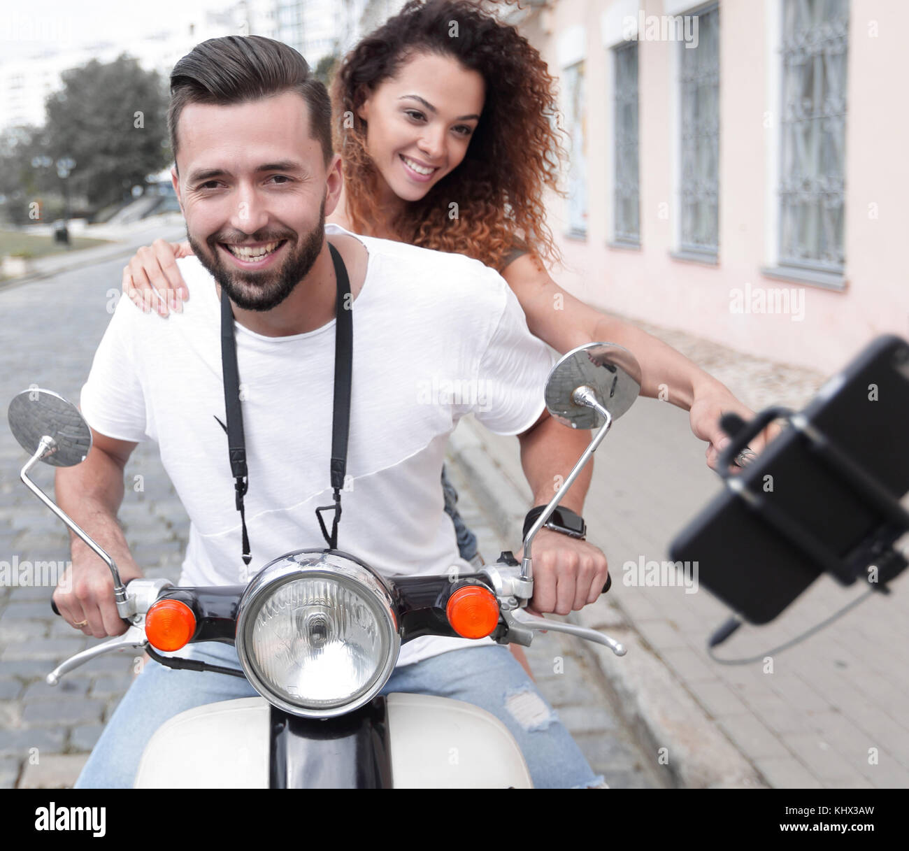 Happy couple traveling on motorcycle.Travel concept Stock Photo - Alamy