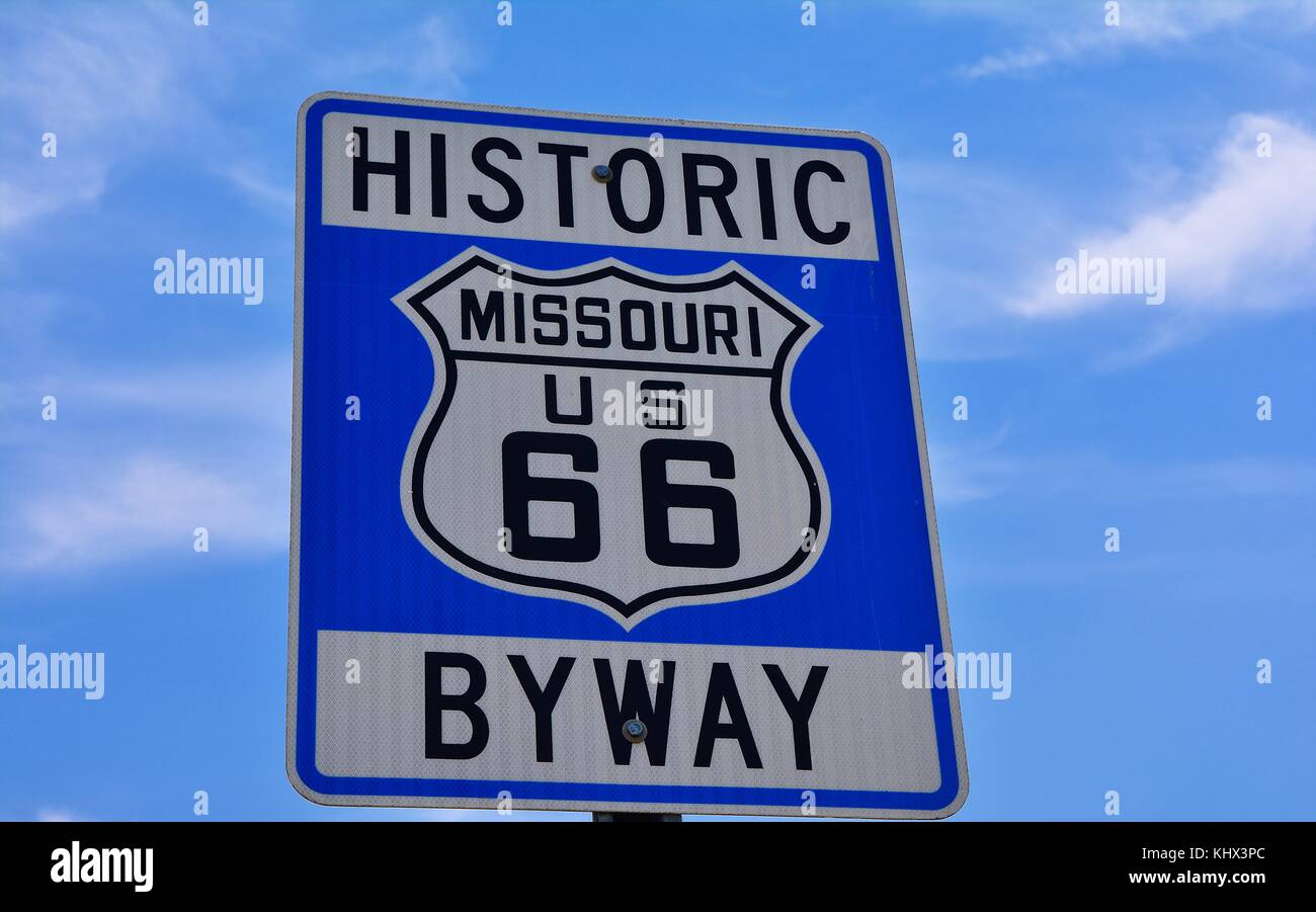 Historic route 66 highway sign in Missouri USA. Blue sky background ...