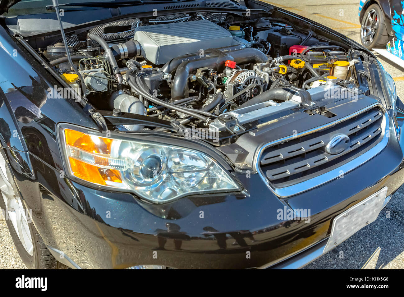 Under the hood of a car on exhibit. Custom cars in Southern California ...