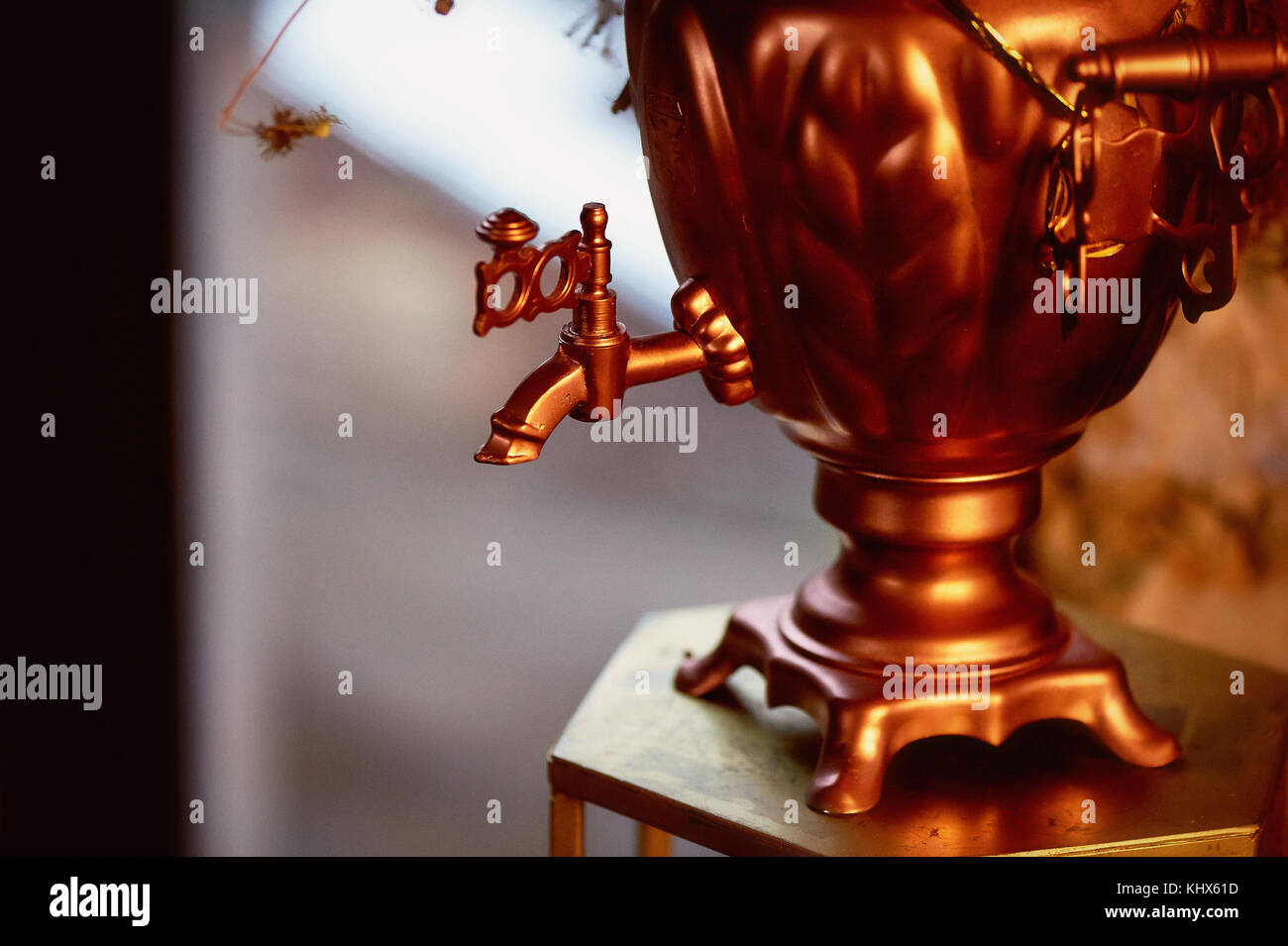 Old copper samovar.Focus on the tap. Macro retro Stock Photo - Alamy