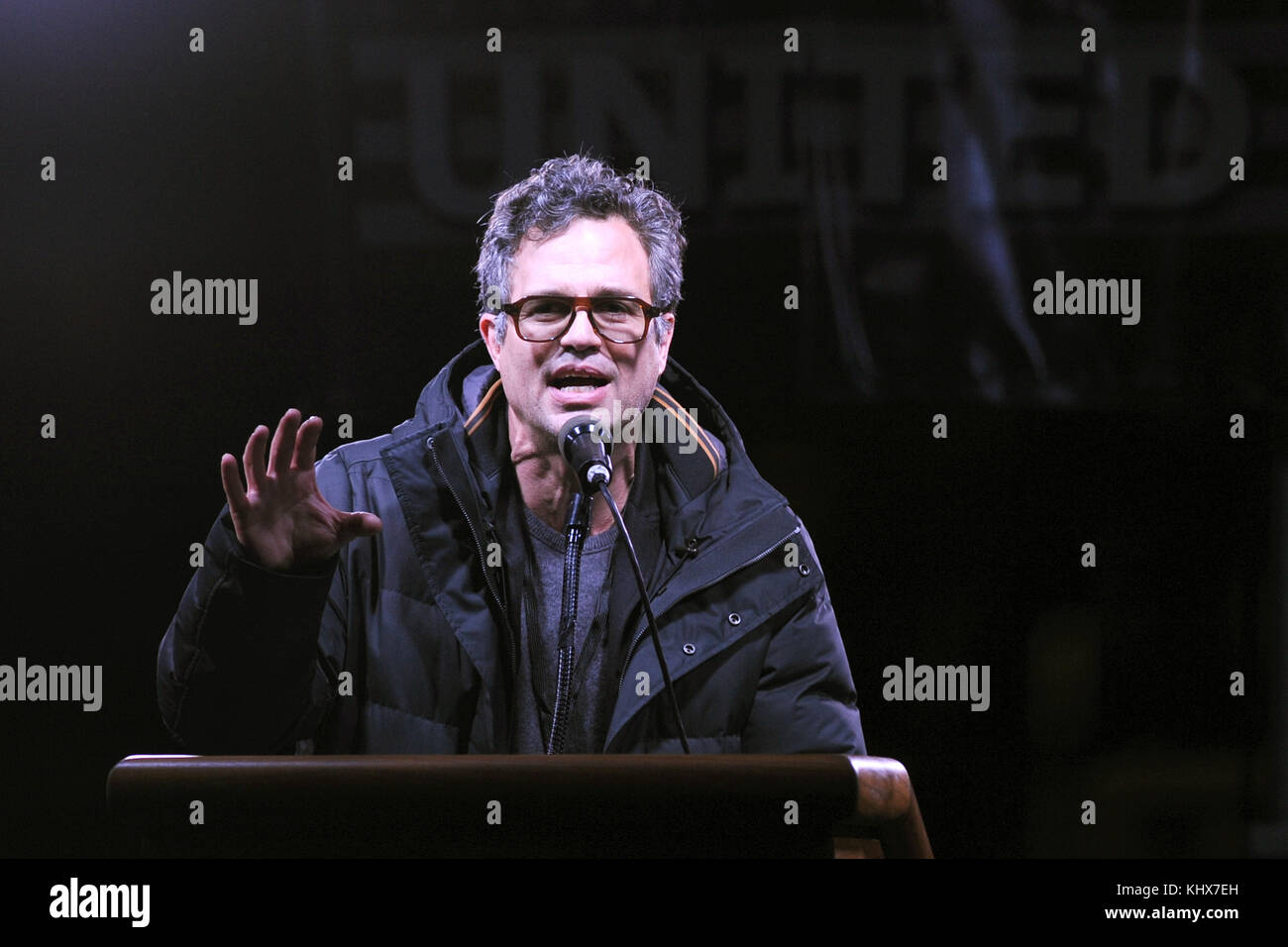 NEW YORK, NY - JANUARY 19: Mark Ruffalo gives a speech as people gather ...