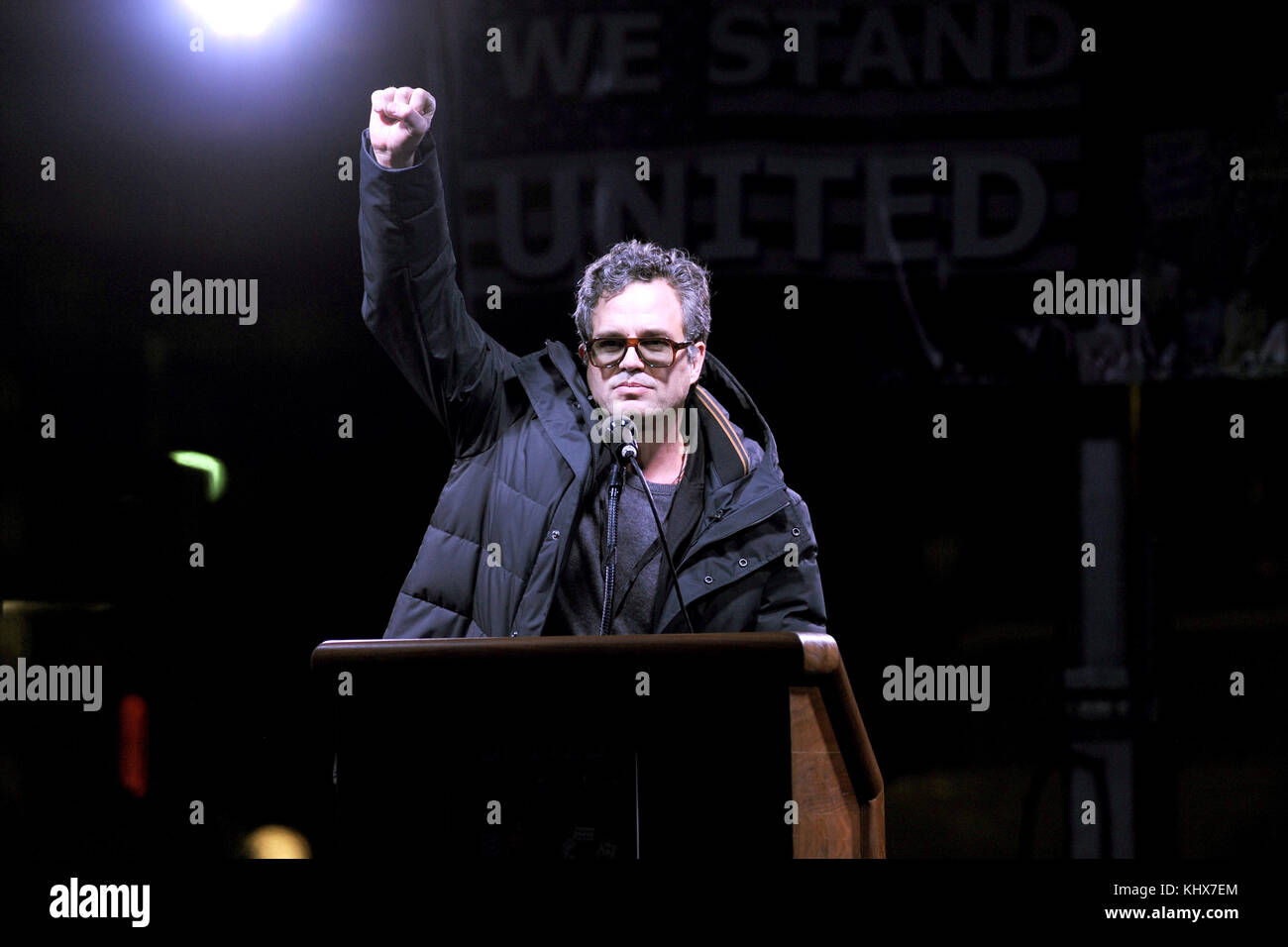 NEW YORK, NY - JANUARY 19: Mark Ruffalo gives a speech as people gather ...
