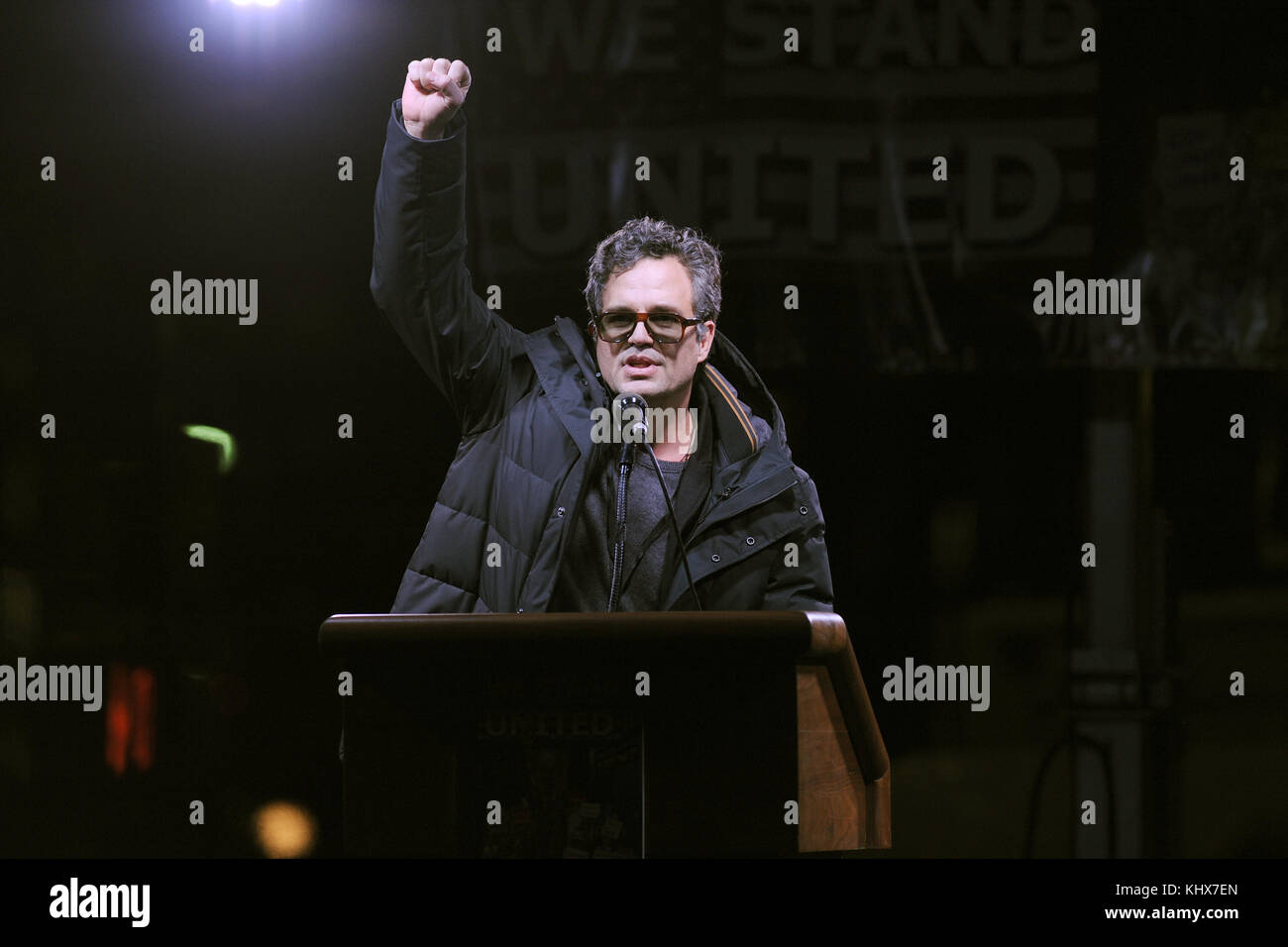 NEW YORK, NY - JANUARY 19: Mark Ruffalo gives a speech as people gather ...