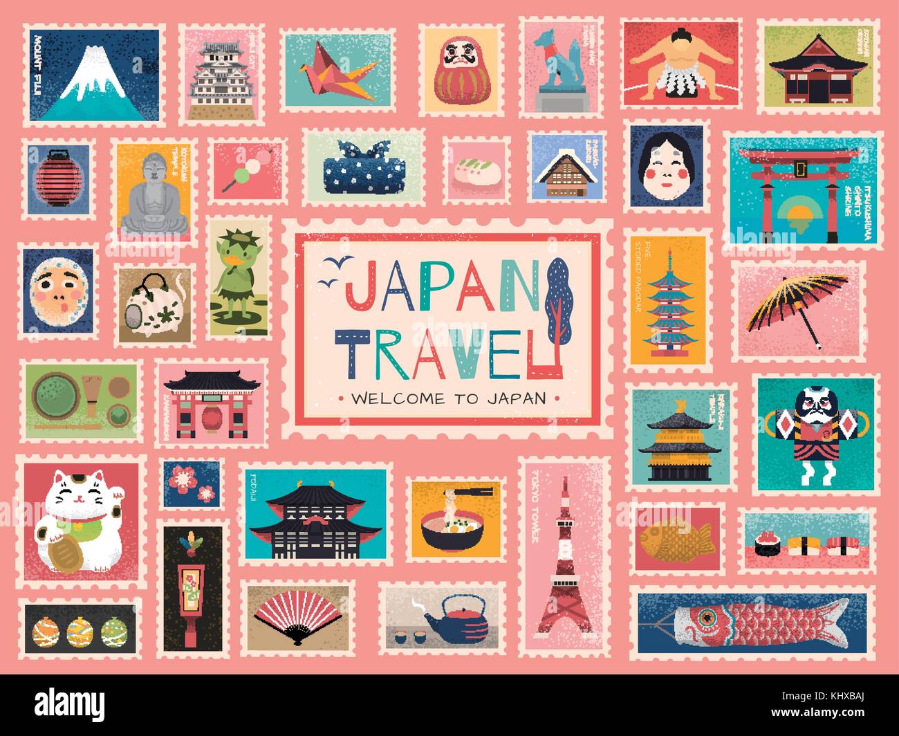 Japan Travel concept stamp, lovely japanese traditional symbols in ...