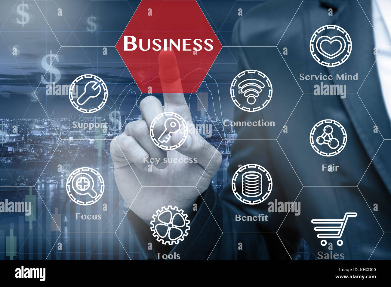 Businessman touching the Business icon with business success tools on ...
