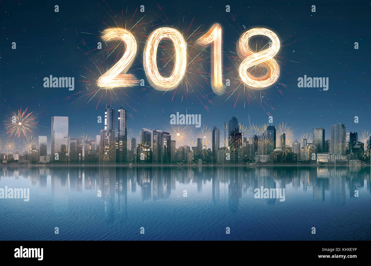 Cityscape view with 2018 firework sparkle at night. Happy New Year 2018 ...