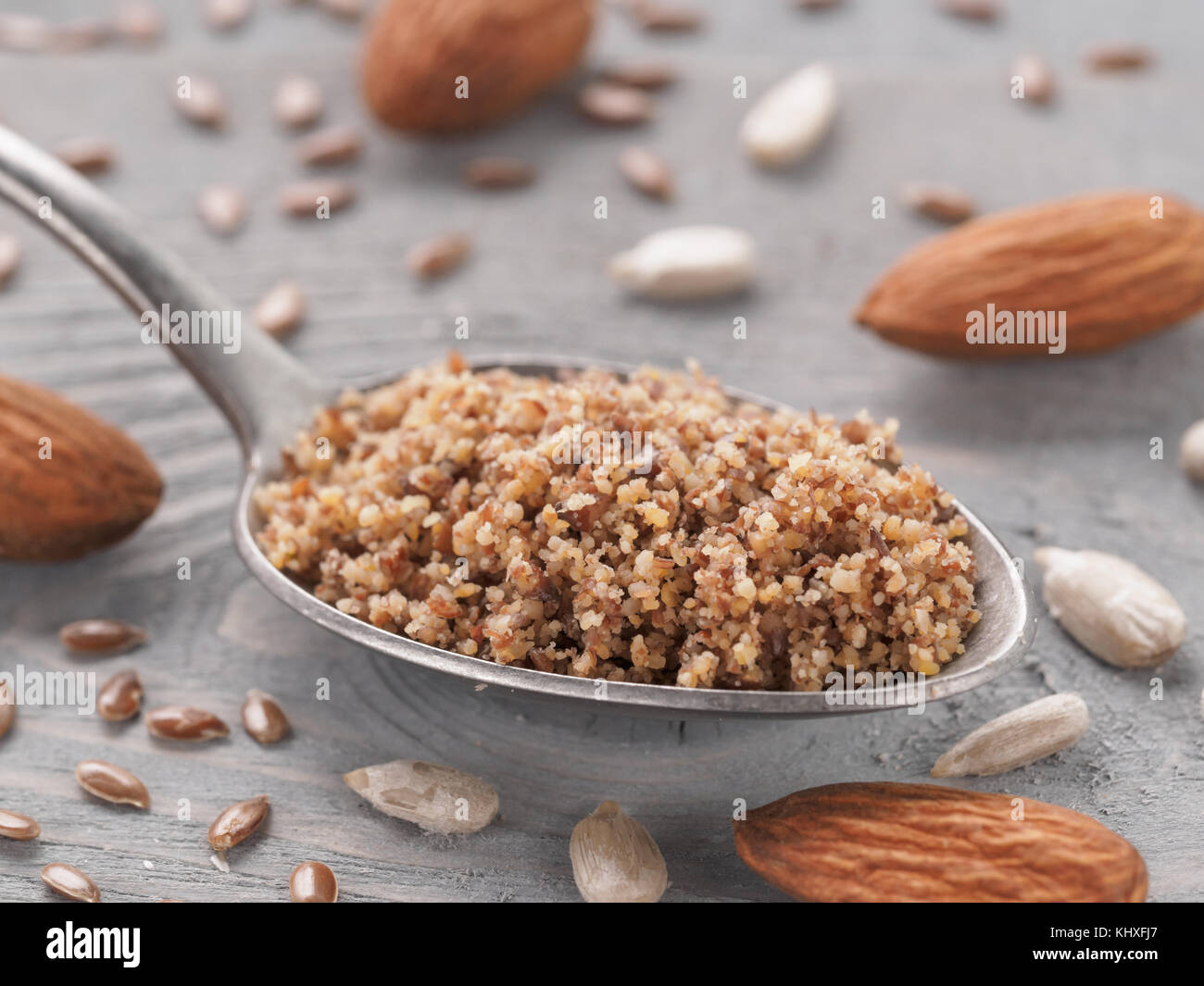 Homemade LSA mix in spoon - Linseed or flax seeds, Sunflower seeds and ...