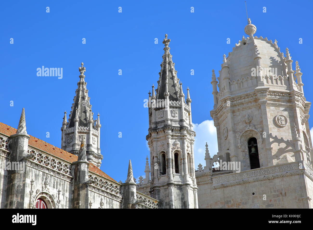 Close-up on the turrets and spires of Jeronimos Monastery in Belem ...