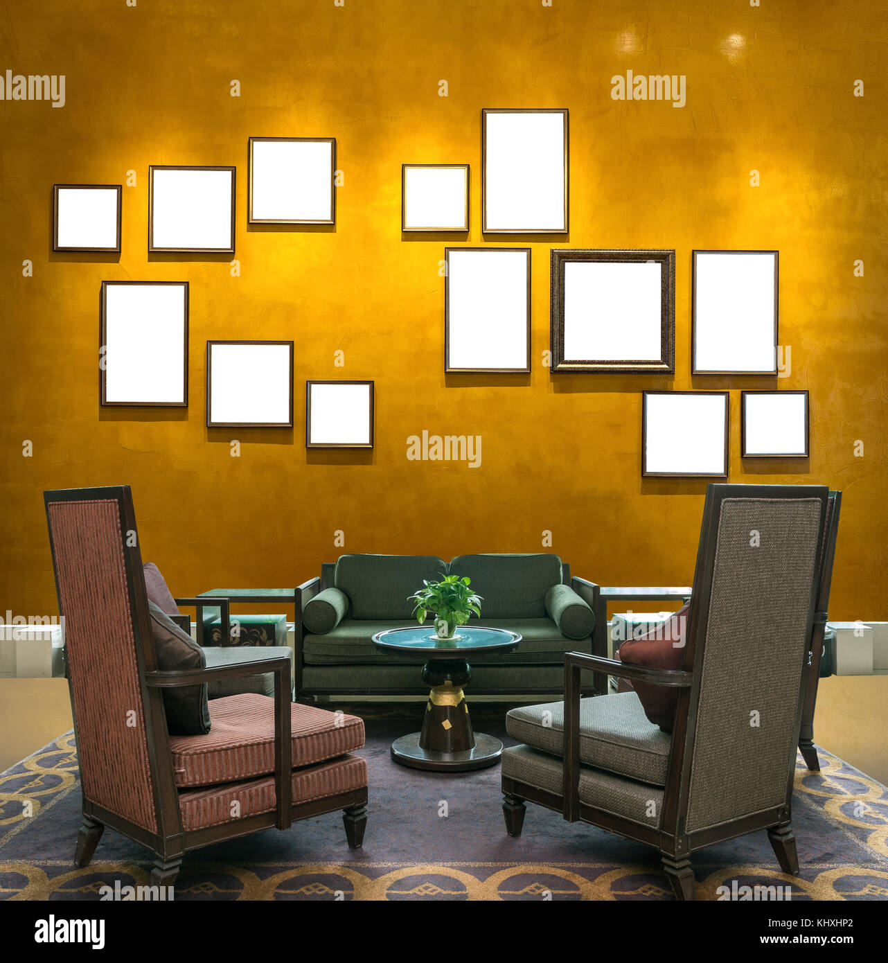Lobby area of a hotel over the Vintage wall background with photo frame ...