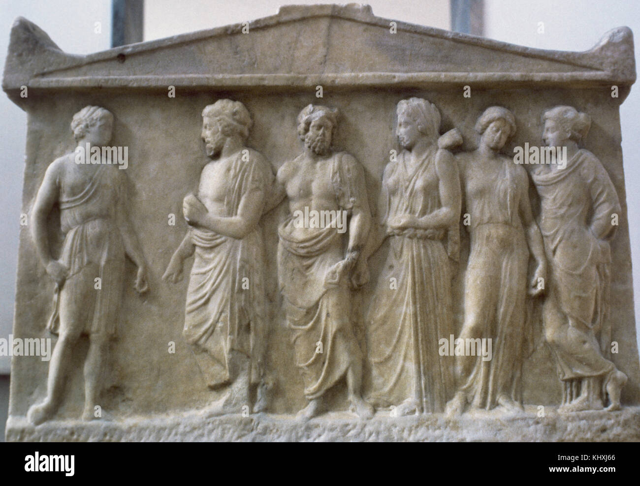 Greek Art. Artemis and Kephisos with three nymphs. Marble. Votive ...