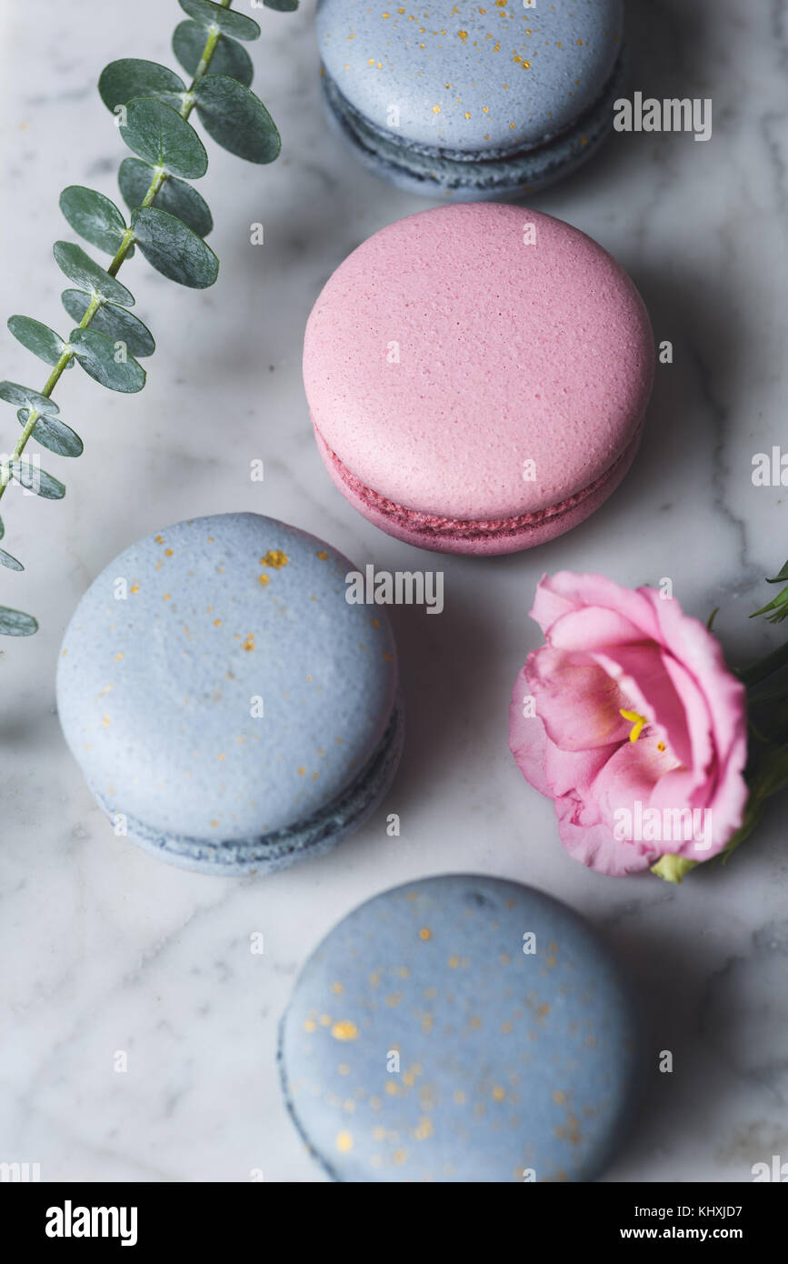 Pastel macarons or macaroon on marble table with pink flowers. French ...