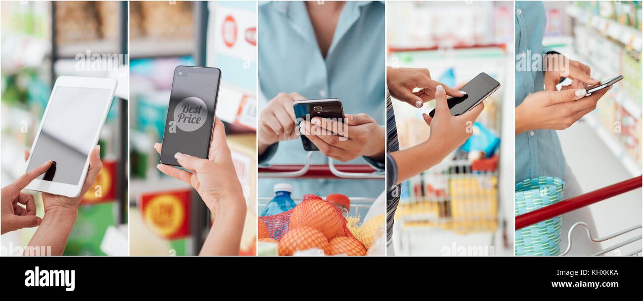 People shopping at the supermarket, they are checking products and ...