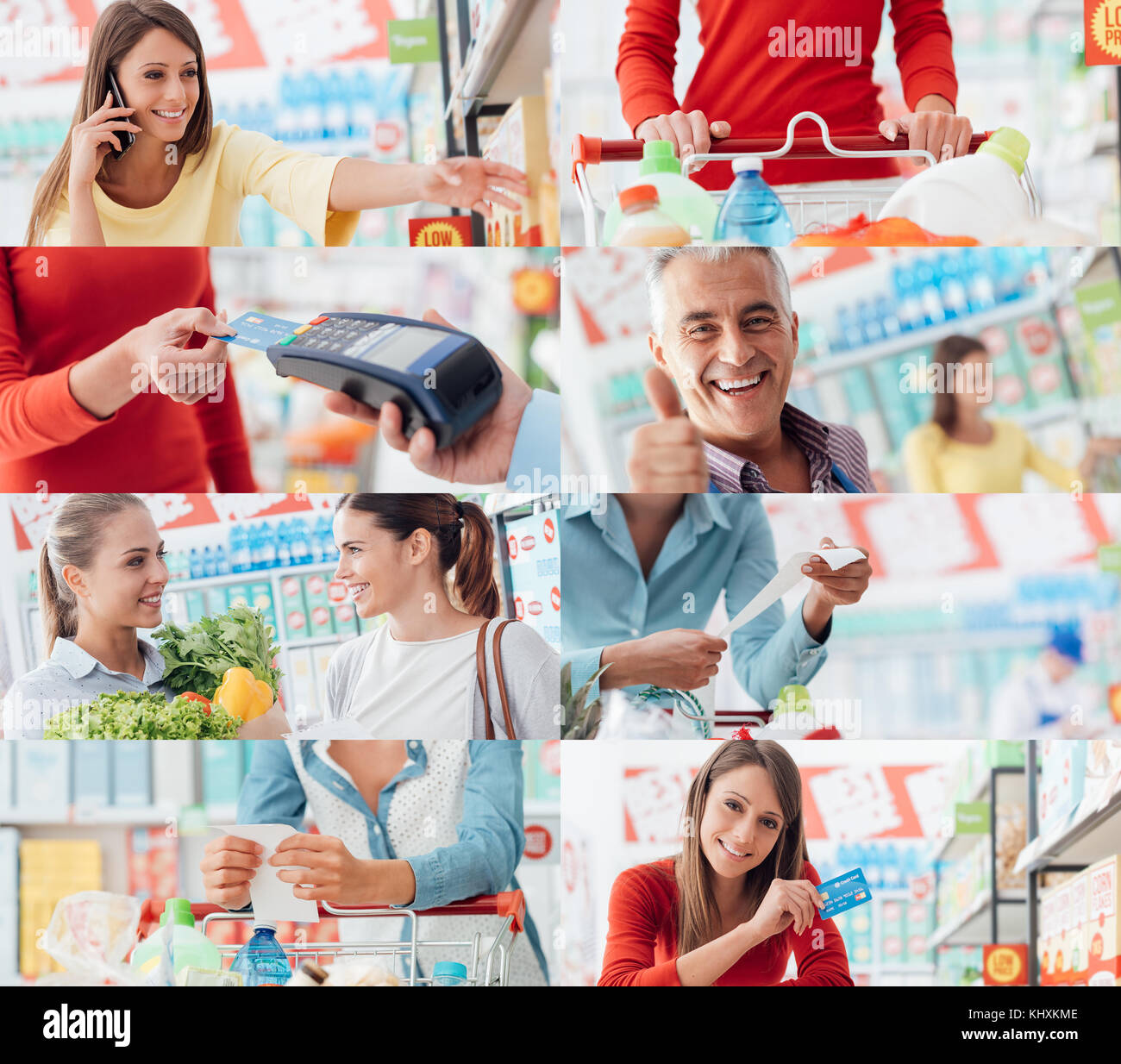 Smiling people at the store, customers doing grocery shopping and ...