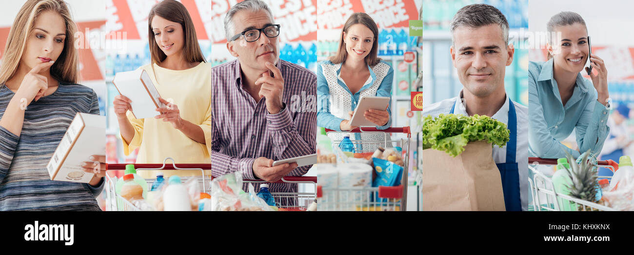 Smiling people at the store, customers doing grocery shopping and ...