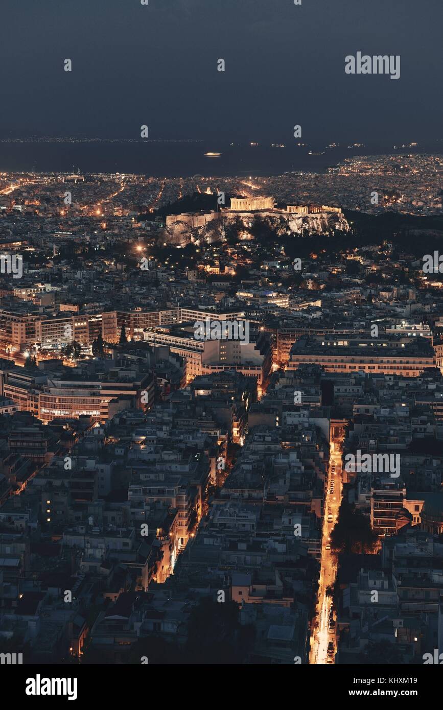 Athens skyline at night viewed from Mt Lykavitos with Acropolis, Greece ...