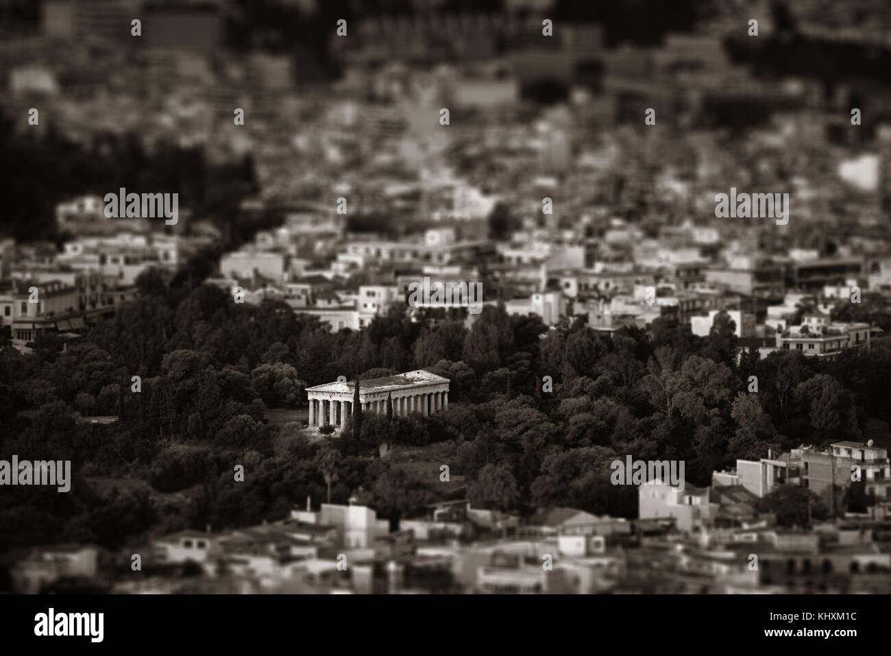 Temple of Hephaestus tilt shift viewed from mountain top in Athens ...