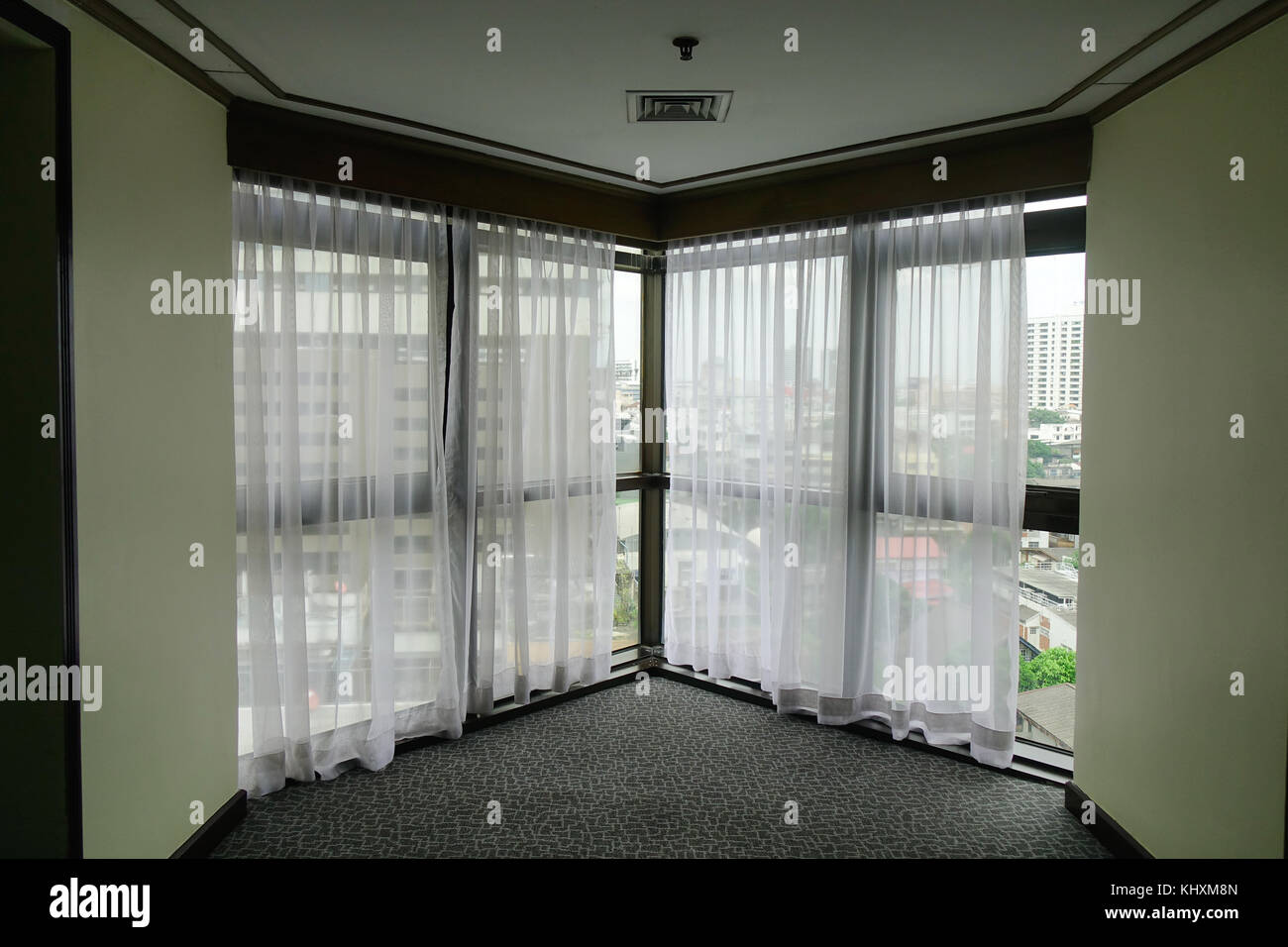 Sunrise through transparent curtains of a window in the morning Stock ...