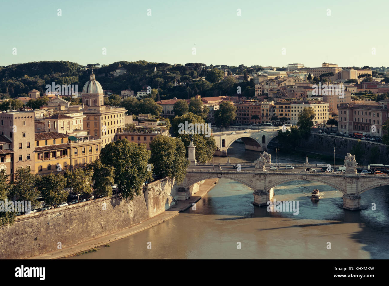 Rome aerial view with ancient architecture, bridge and River Tiber in ...