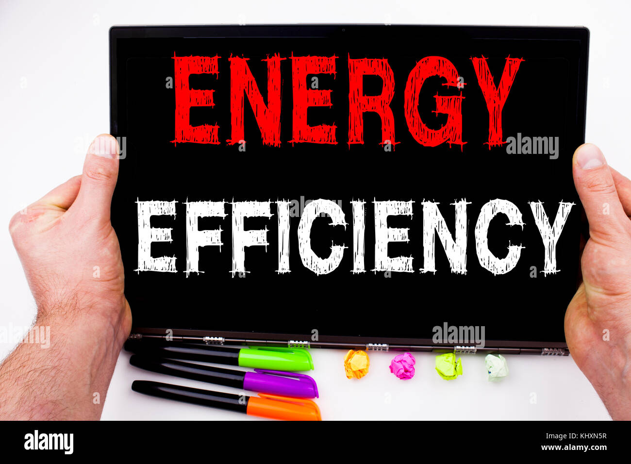 Writing showing Energy Efficiency made in the office with surroundings ...