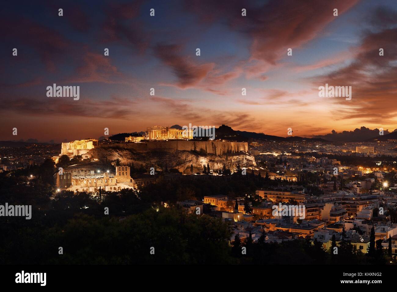 Athens skyline viewed from mountain with Acropolis before sunrise ...