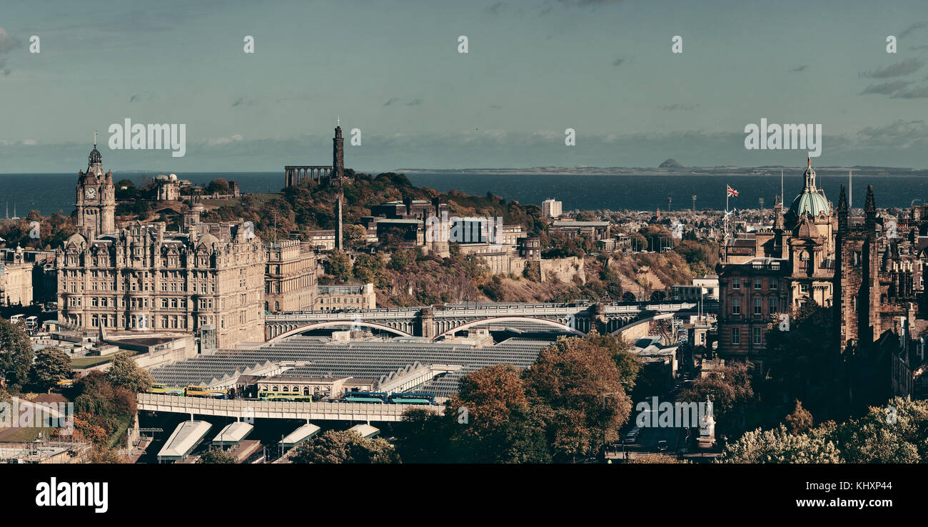 Edinburgh city rooftop view with historical architectures. United ...