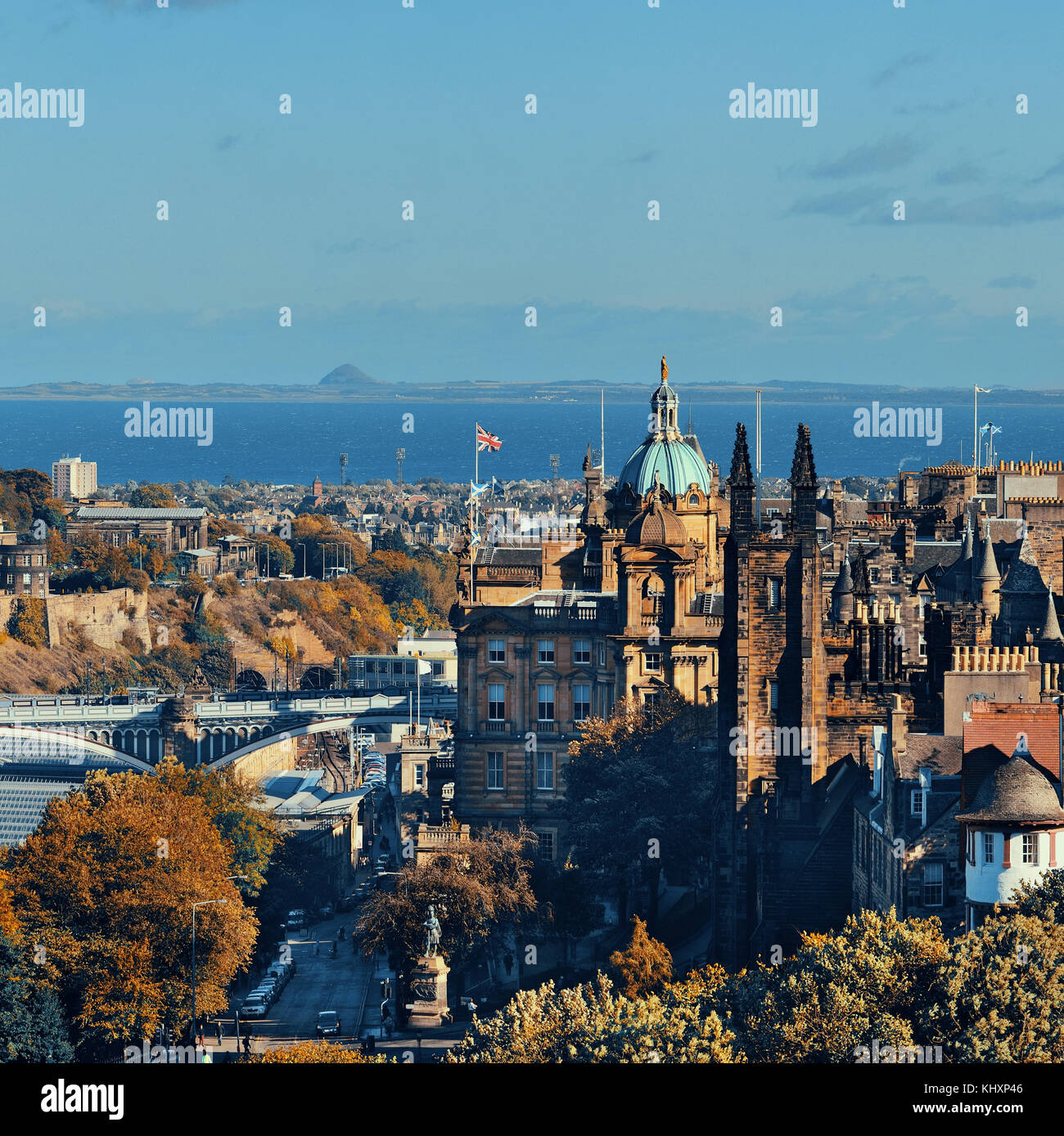 Edinburgh city rooftop view with historical architectures. United ...