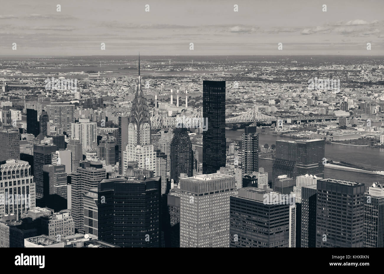 New York City Manhattan east side view black and white with skyscrapers ...