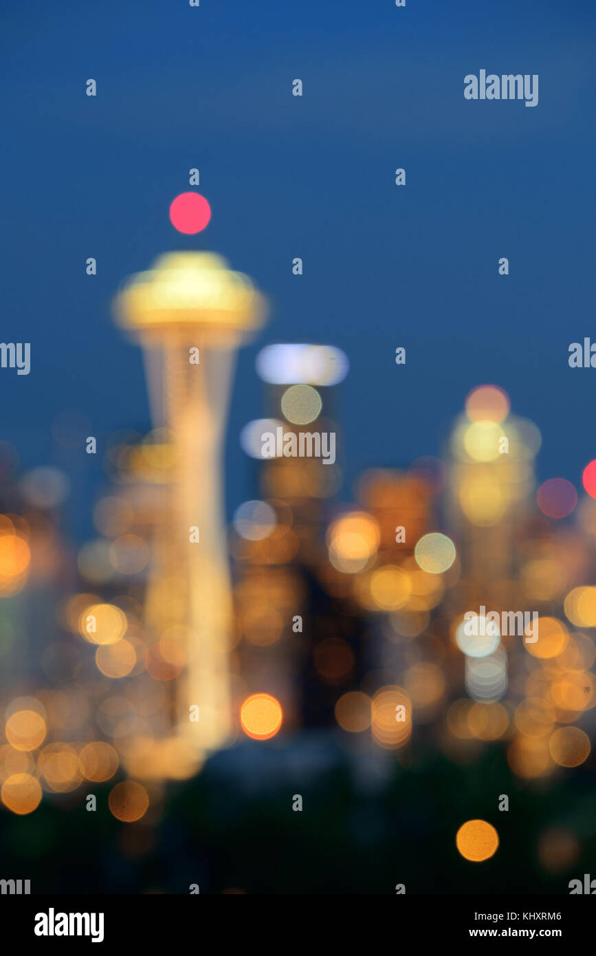 Seattle city skyline at night with urban office buildings viewed from ...