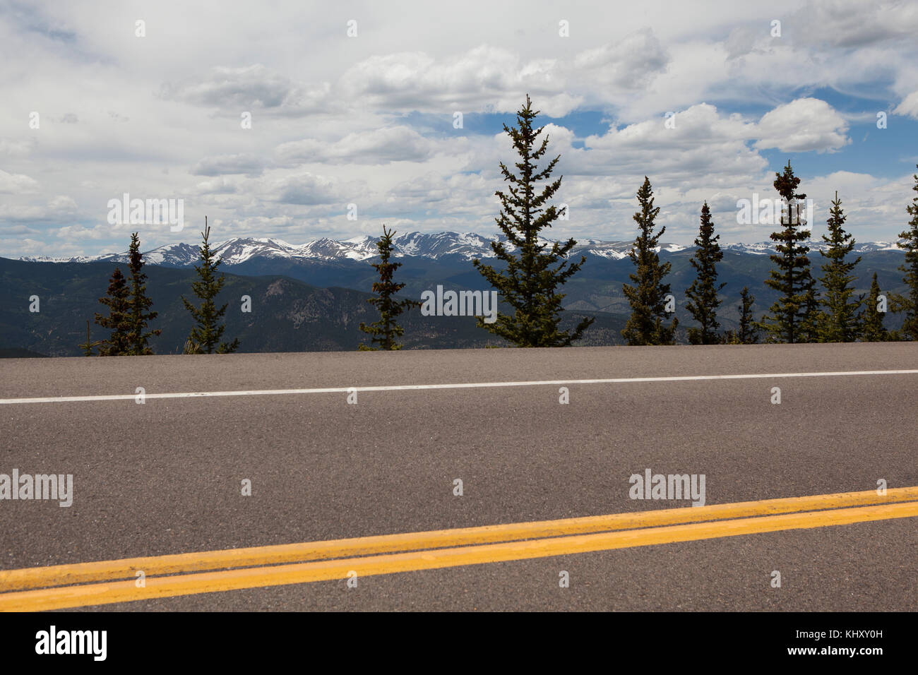 Squaw Pass highway and distant mountains, Evergreen, Colorado, USA ...