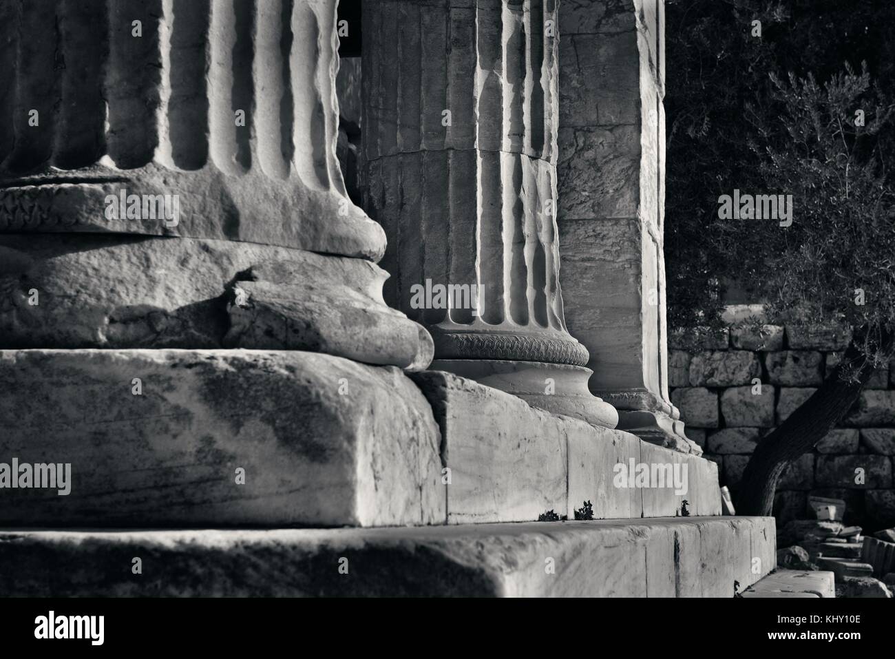 Columns closeup view of Acropolis historical ruins in Athens, Greece ...