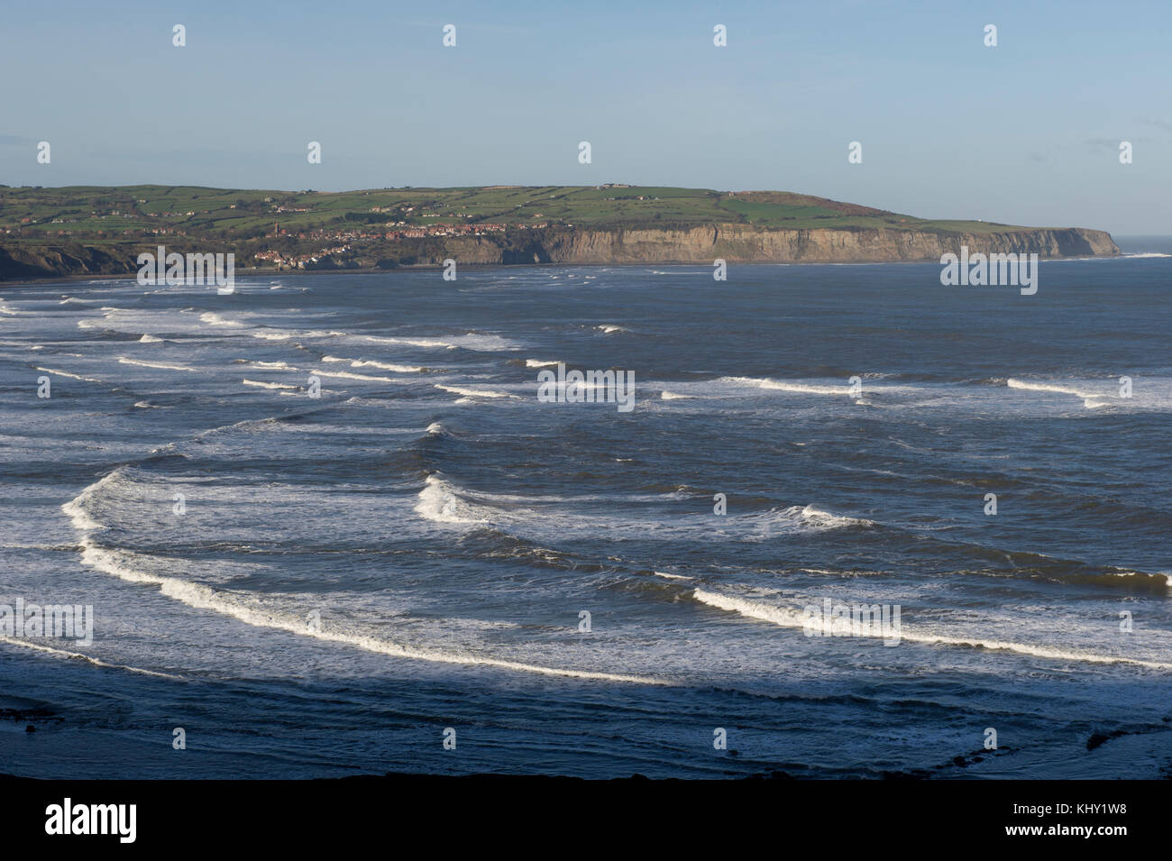 A landscape view from Ravenscar overlooking Robin Hoods Bay on the ...